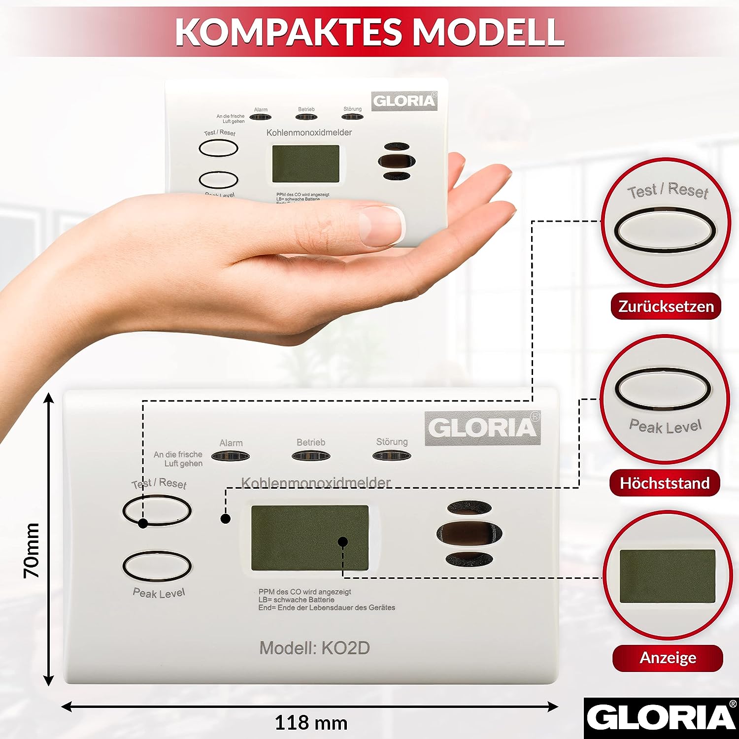 Gloria Kohlenmonoxidmelder KO2D mit 10 Jahren Garantie, wechsebaren AA ...
