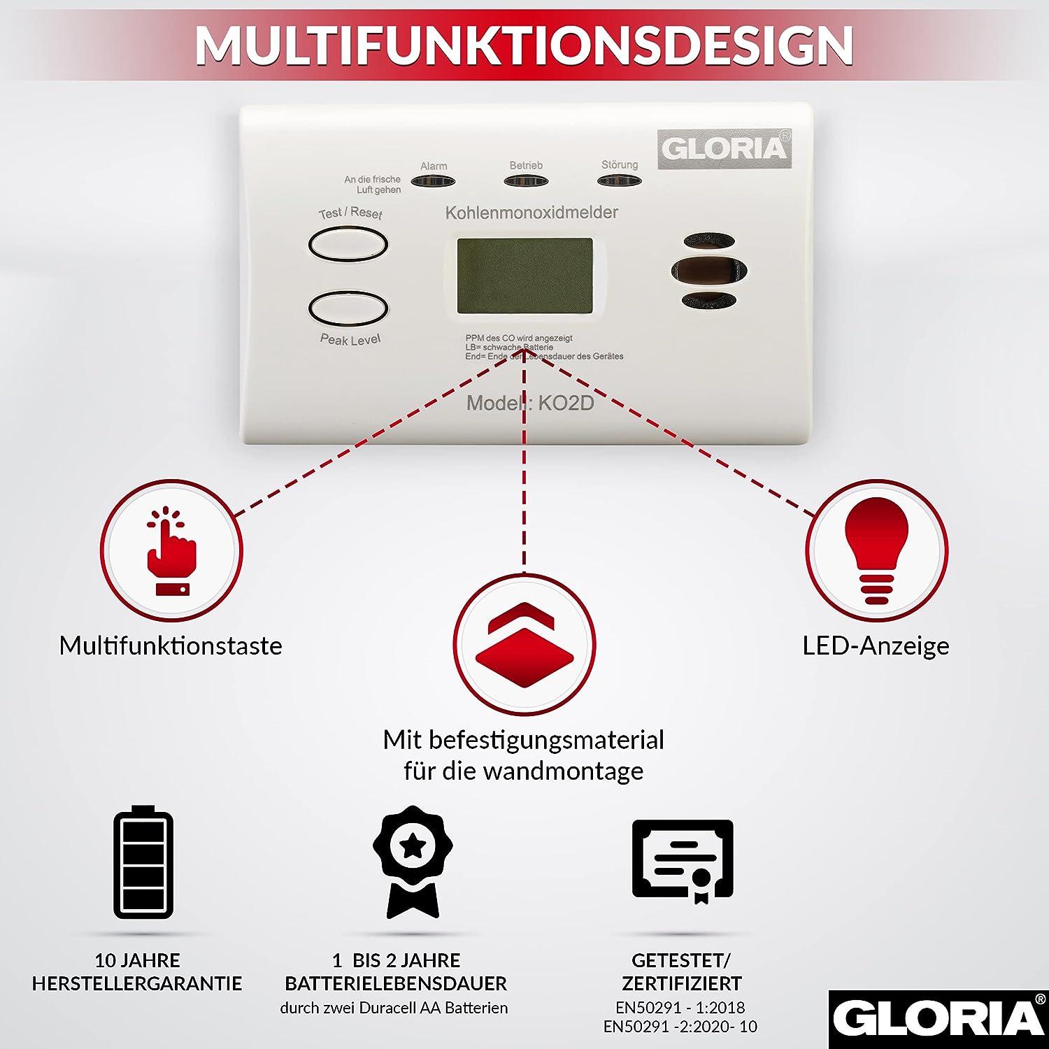 Gloria Kohlenmonoxidmelder KO2D mit 10 Jahren Garantie, wechsebaren AA ...