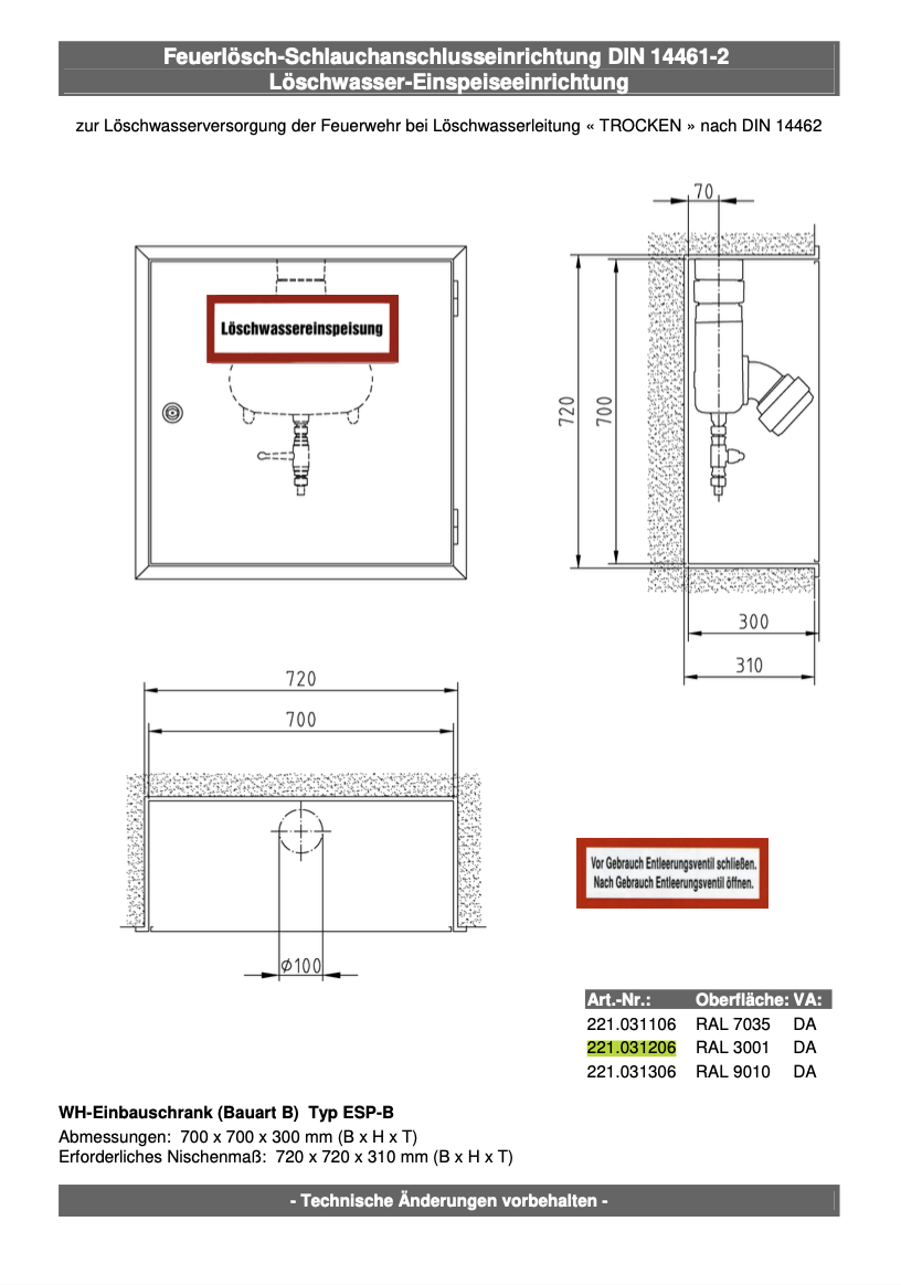 Löschwasser Einbauschrank (Bauart B, Unterputz) Einspeiseschrank, rot ...