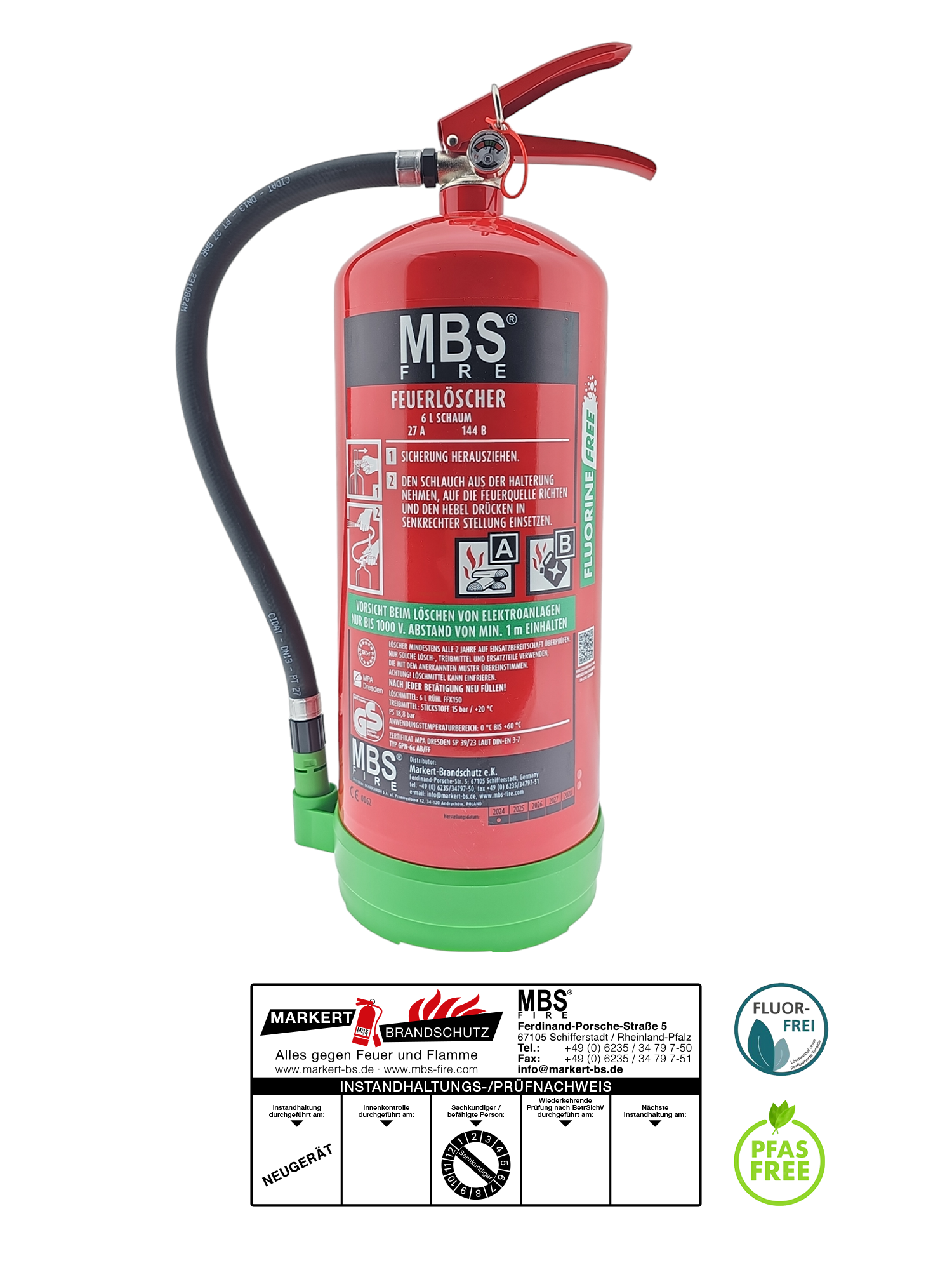 MBS-FIRE OGNIO 6L AB fluorfreier Schaumfeuerlöscher 27A, 144B m. Halt. u. Plakette. Technische ...